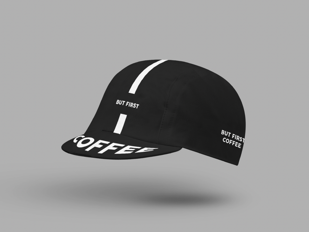 Cycling cap But First Coffee black | Apparel for cyclists and cycling fans